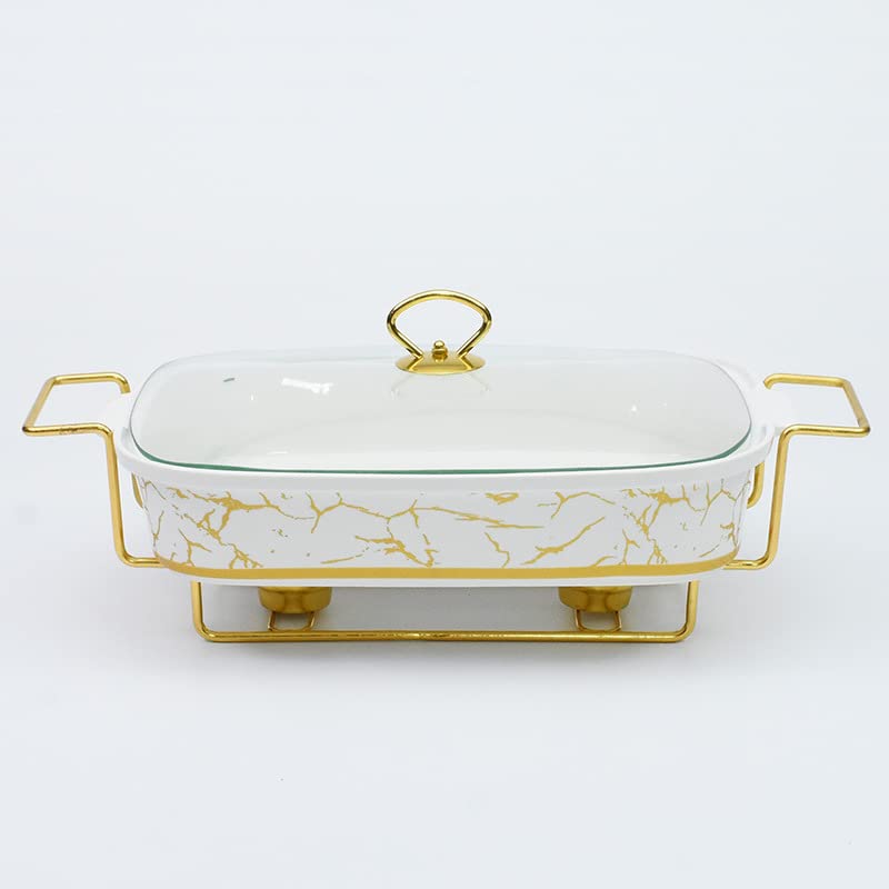 HONHPD 3PCS Rectangular Porcelain Casserole Warming Trays for Food, Ceramics Chafers, and Buffet Warmers Sets, Ceramics Chafing Dish Buffet Set, Gold Plating Serving Dishes(11inch.13inch.15inch)