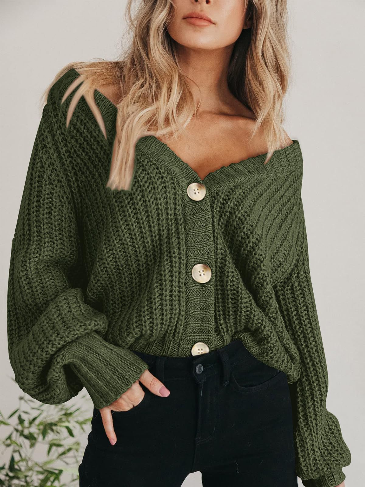 PRETTYGARDEN Women's Chunky Knit Open Front Sweater Long Sleeve Button Loose Short Cardigan Outerwear Coats (Army Green,X-Large)