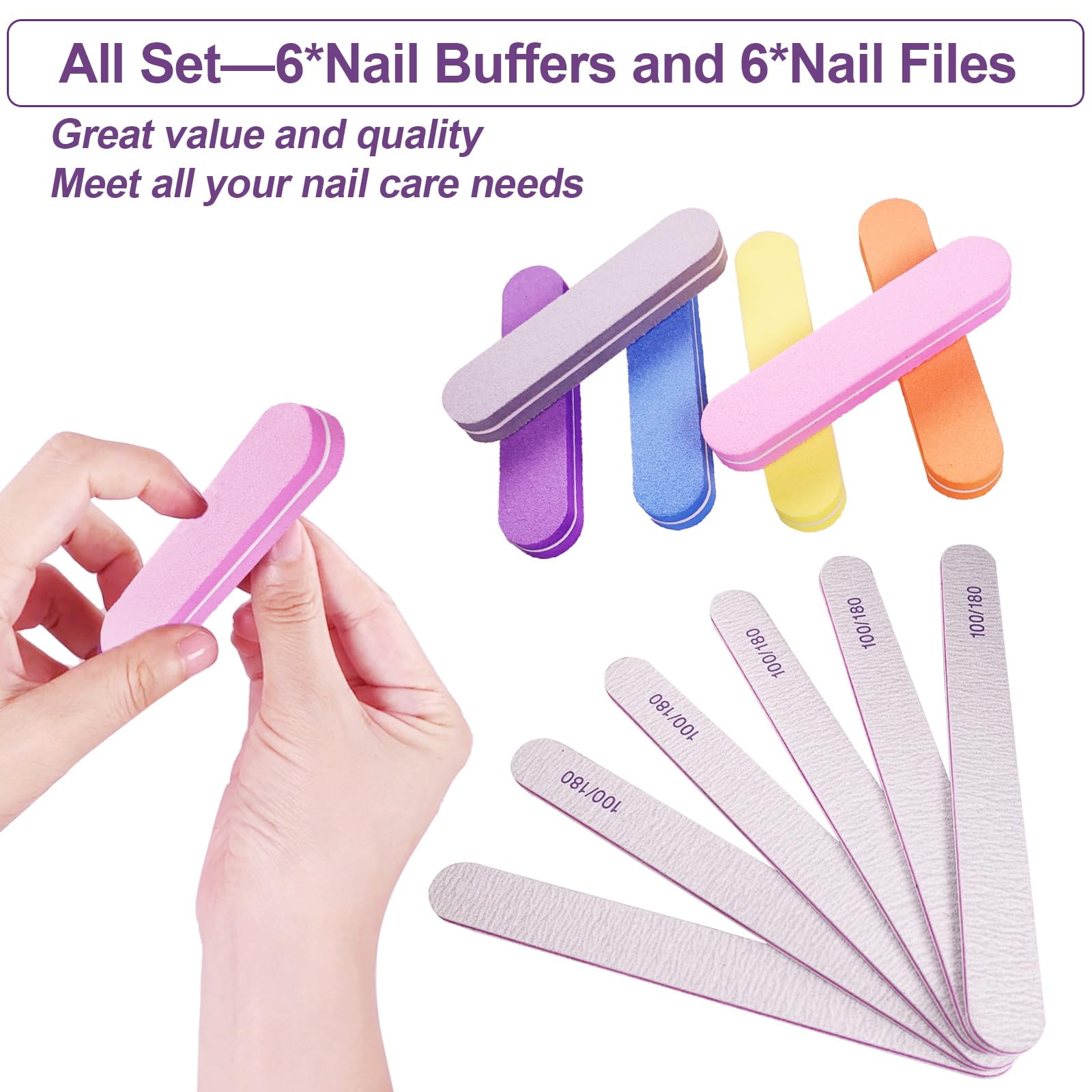 Nail File and Buffer Set (12 Pcs), Nail Files for Gel Nails Acrylic Natural Nails, limas para unas acrilicas Professional Manicure Nail File Kit 100/180 Grit Emery Board Filer Buffing Buffers Blocks