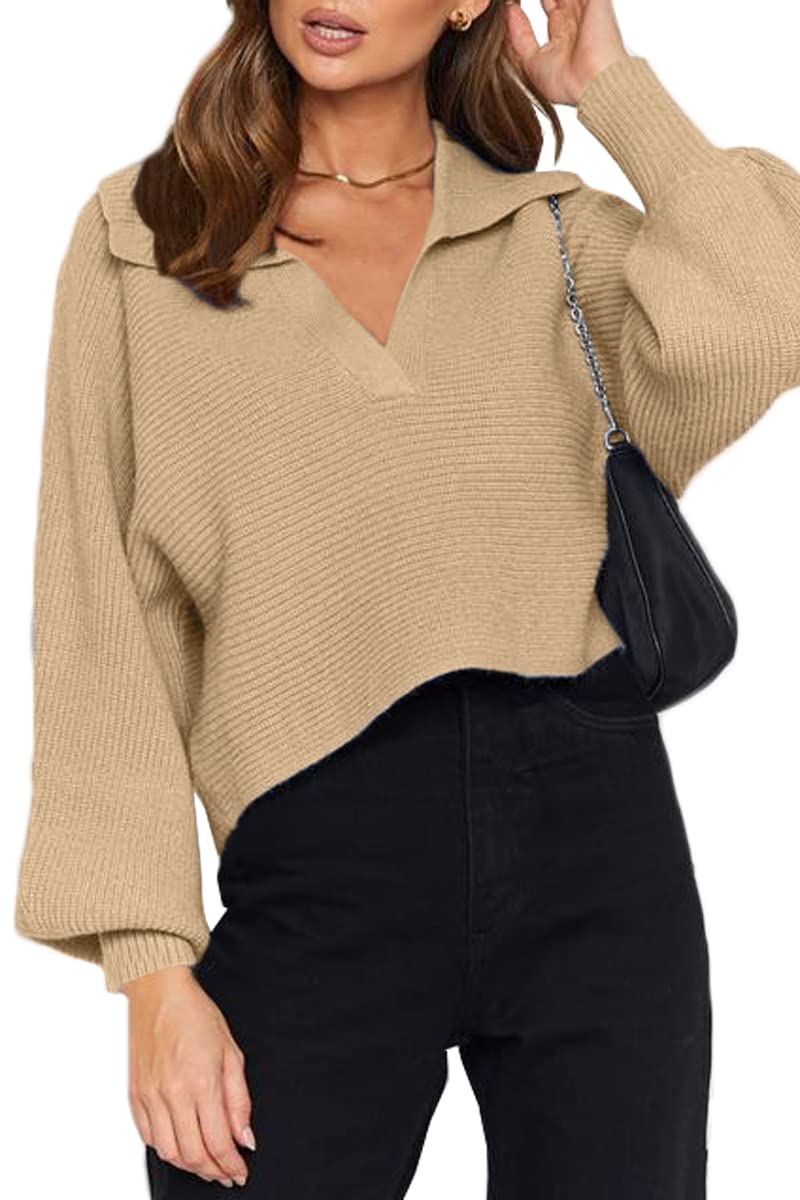 CHYRII Women Casual Overized Puff Long Sleeve V Neck Knitted Polo Pullover Sweater Jumper Tops Apricot S