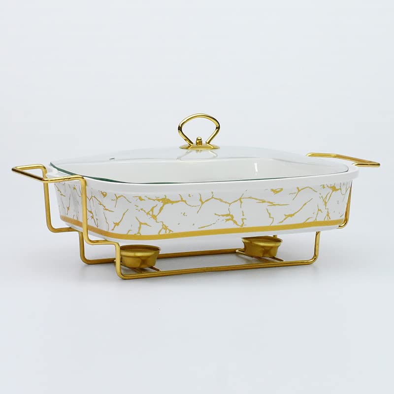 HONHPD 3PCS Rectangular Porcelain Casserole Warming Trays for Food, Ceramics Chafers, and Buffet Warmers Sets, Ceramics Chafing Dish Buffet Set, Gold Plating Serving Dishes(11inch.13inch.15inch)