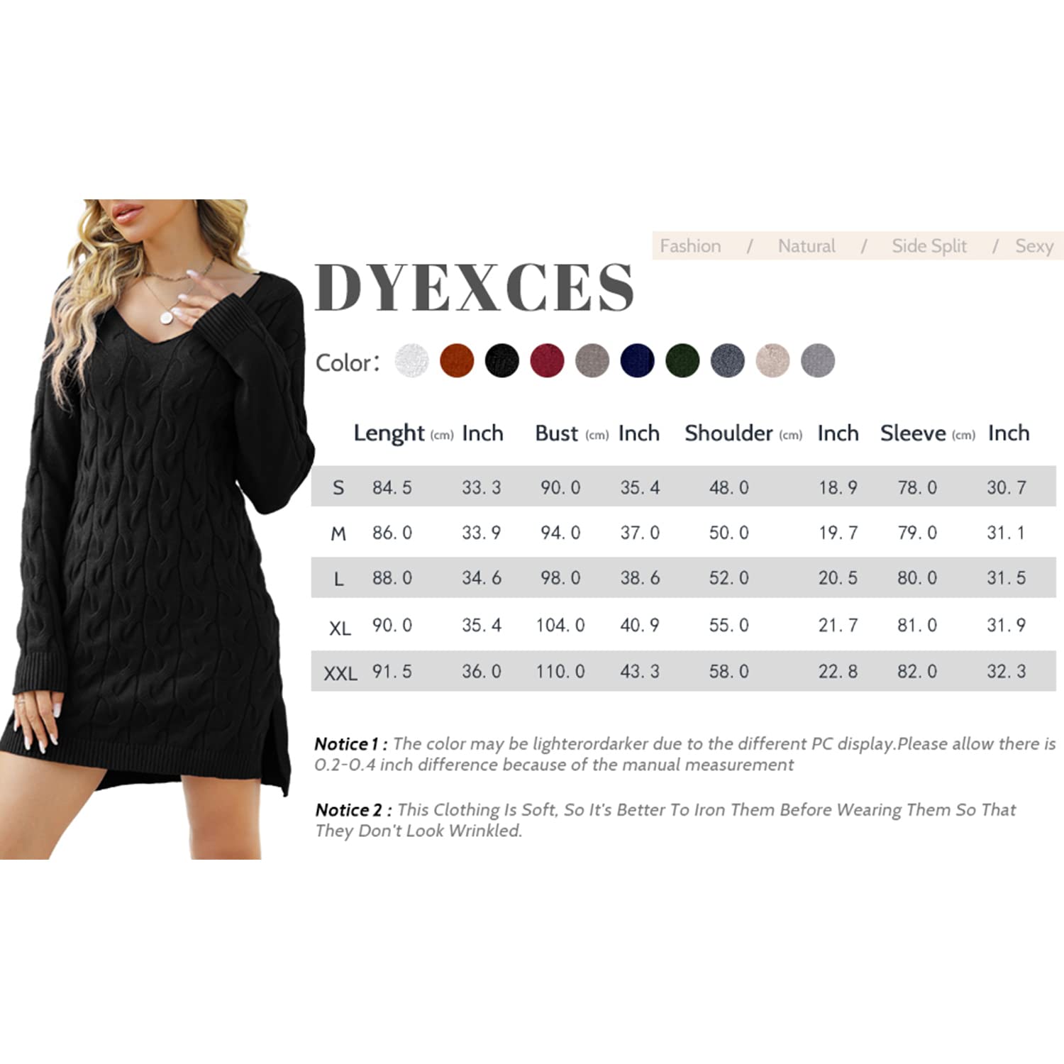 Dyexces Women's V Neck Cable Knit Sweater Dress Long Sleeve Sexy Slim Fit Pullover Sweater Side Split Mini Dress Orange