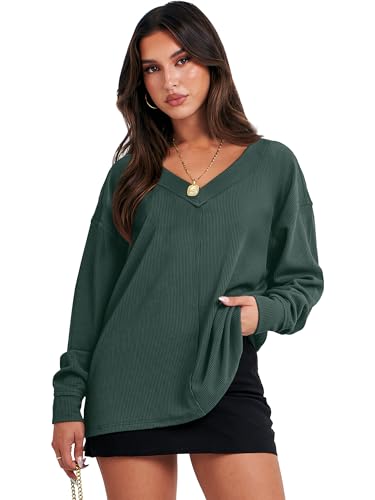 ANRABESS Oversized Long Sleeve Shirts for Women Off the Shoulder Sweatshirt Loose V Neck Tunic Tops High Low Sweater 2024 Large Dark Green