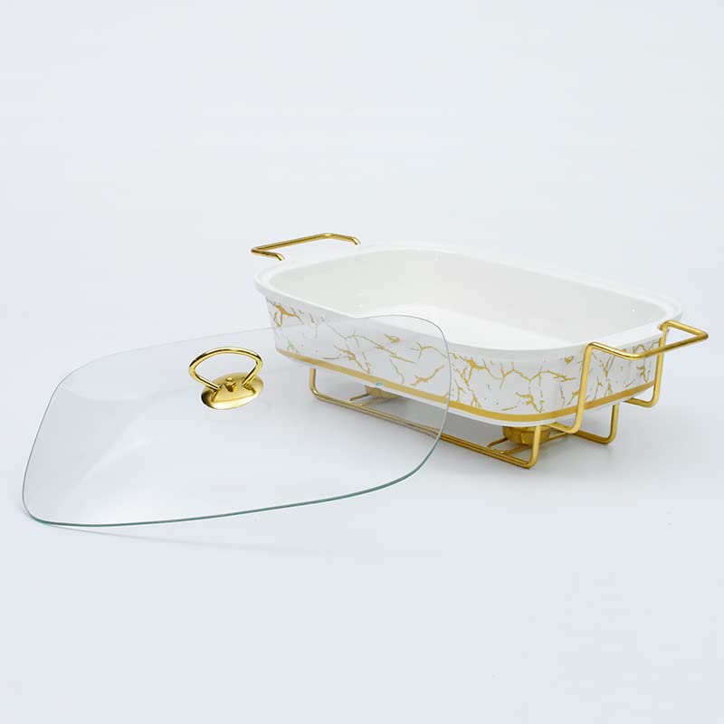 HONHPD 3PCS Rectangular Porcelain Casserole Warming Trays for Food, Ceramics Chafers, and Buffet Warmers Sets, Ceramics Chafing Dish Buffet Set, Gold Plating Serving Dishes(11inch.13inch.15inch)