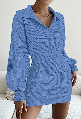 Pink Queen Fashion Long Sleeve Dress for Women Trendy Ribbed Knitted Polo Pullover Sweater Bodycon Mini Dresses Blue M