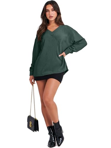 ANRABESS Oversized Long Sleeve Shirts for Women Off the Shoulder Sweatshirt Loose V Neck Tunic Tops High Low Sweater 2024 Large Dark Green