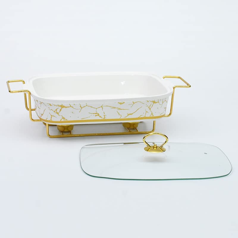 HONHPD 3PCS Rectangular Porcelain Casserole Warming Trays for Food, Ceramics Chafers, and Buffet Warmers Sets, Ceramics Chafing Dish Buffet Set, Gold Plating Serving Dishes(11inch.13inch.15inch)