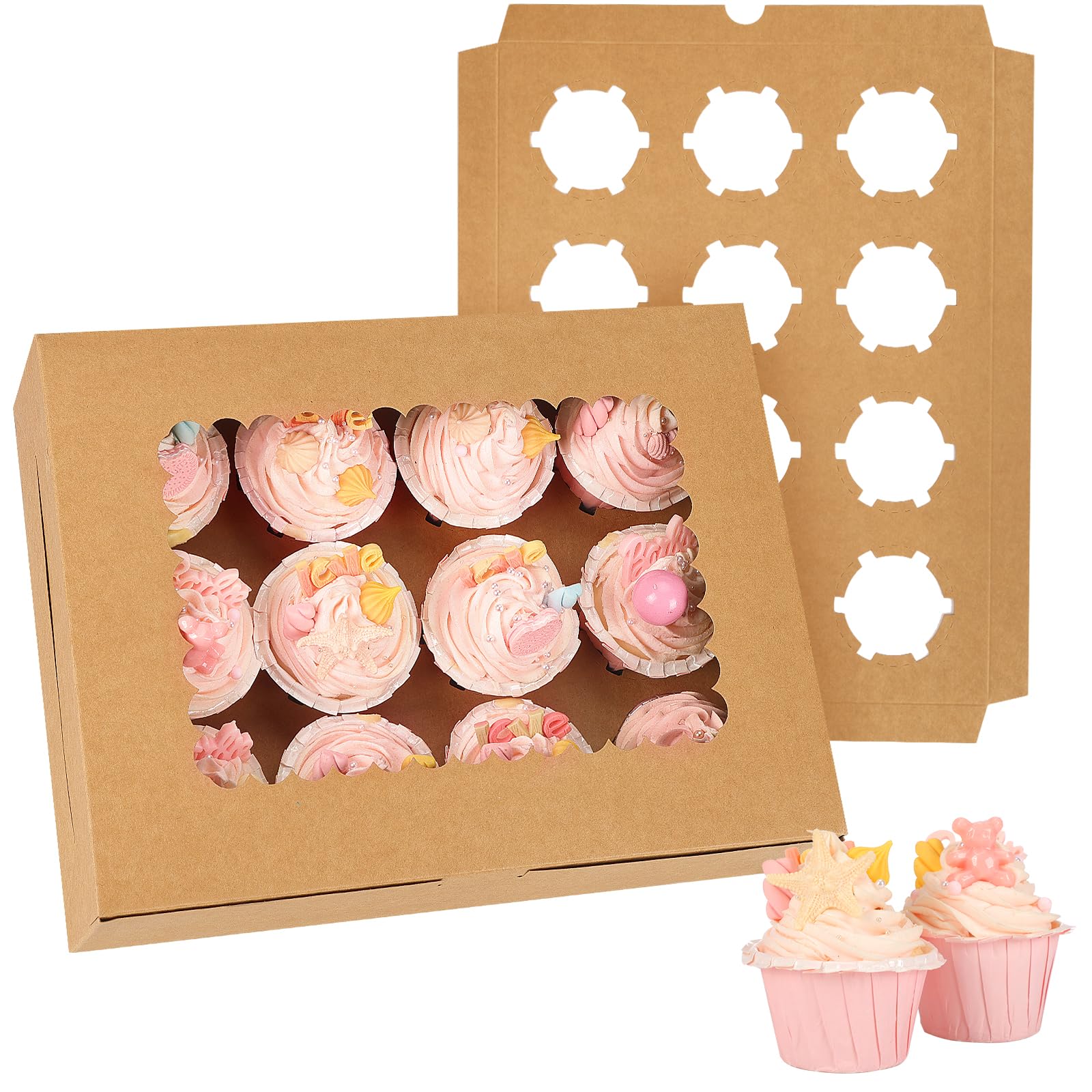 Moretoes 34 Sets Cupcake Boxes, Hold 12 Count Cupcake Containers, Brown Containers with Window and Inserts, 13 x 10 x 3.5 Inches Kraft Bakery Carrier Boxes for Birthday Holiday Party Bakery Supplies