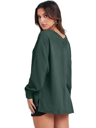 ANRABESS Oversized Long Sleeve Shirts for Women Off the Shoulder Sweatshirt Loose V Neck Tunic Tops High Low Sweater 2024 Large Dark Green