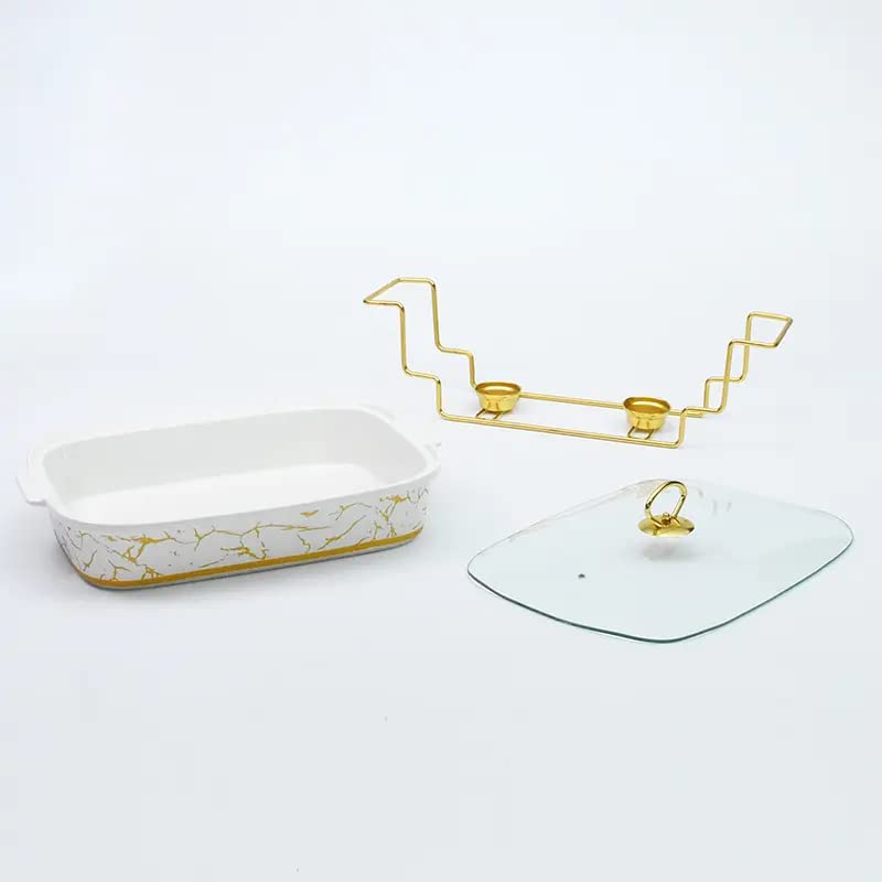 HONHPD 3PCS Rectangular Porcelain Casserole Warming Trays for Food, Ceramics Chafers, and Buffet Warmers Sets, Ceramics Chafing Dish Buffet Set, Gold Plating Serving Dishes(11inch.13inch.15inch)