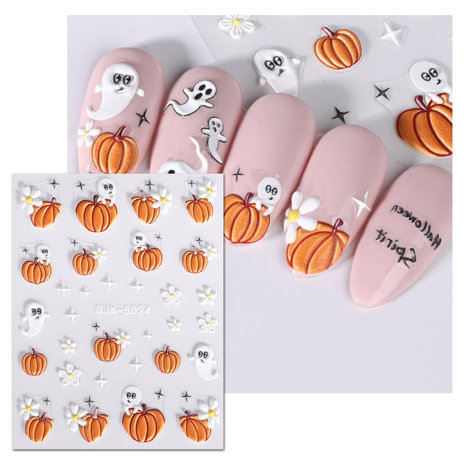 JMEOWIO 3D Embossed Halloween Nail Art Stickers Decals Self-Adhesive Pegatinas Uñas 5D Cute Horror Ghost Spook Nail Supplies Nail Art Design Decoration Accessories 4 Sheets