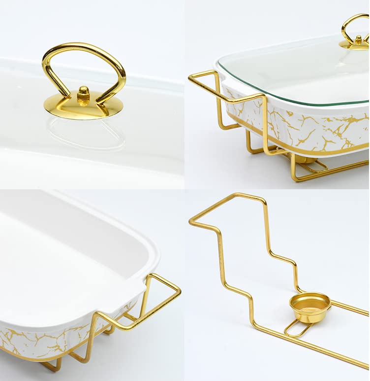 HONHPD 3PCS Rectangular Porcelain Casserole Warming Trays for Food, Ceramics Chafers, and Buffet Warmers Sets, Ceramics Chafing Dish Buffet Set, Gold Plating Serving Dishes(11inch.13inch.15inch)