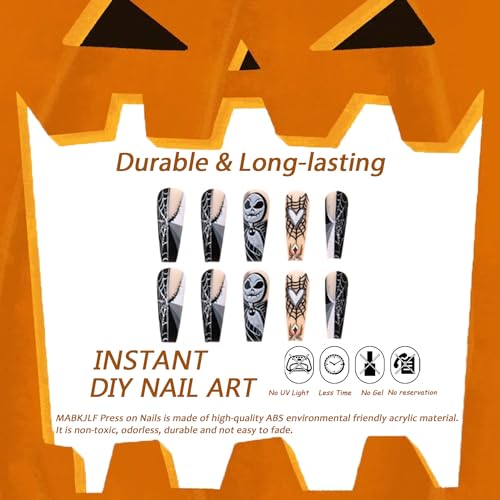 Halloween Press on Nails Long Coffin Fake Nails Full Cover Nightmare Christmas Nails Spider Web False Nails with Designs Rhinestones Matte Glue on Nails Artificial Nails for Women Girls 24Pcs