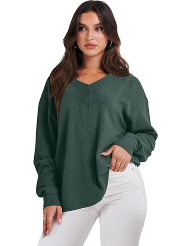 ANRABESS Oversized Long Sleeve Shirts for Women Off the Shoulder Sweatshirt Loose V Neck Tunic Tops High Low Sweater 2024 Large Dark Green