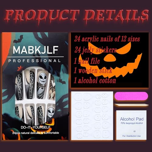 Halloween Press on Nails Long Coffin Fake Nails Full Cover Nightmare Christmas Nails Spider Web False Nails with Designs Rhinestones Matte Glue on Nails Artificial Nails for Women Girls 24Pcs
