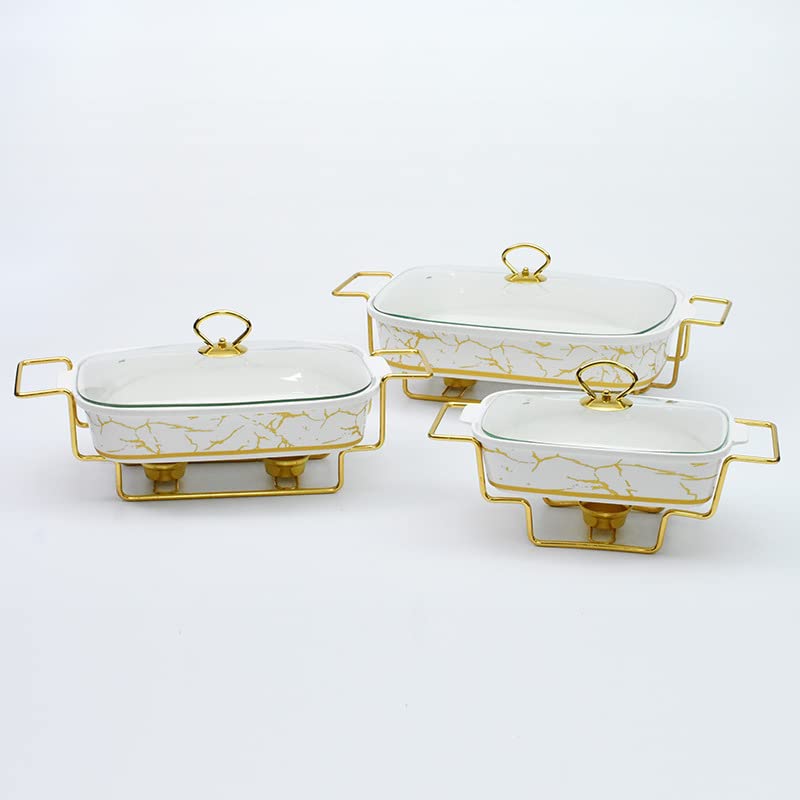 HONHPD 3PCS Rectangular Porcelain Casserole Warming Trays for Food, Ceramics Chafers, and Buffet Warmers Sets, Ceramics Chafing Dish Buffet Set, Gold Plating Serving Dishes(11inch.13inch.15inch)