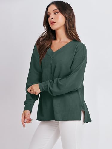 ANRABESS Oversized Long Sleeve Shirts for Women Off the Shoulder Sweatshirt Loose V Neck Tunic Tops High Low Sweater 2024 Large Dark Green