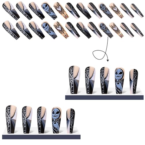 Halloween Press on Nails Long Coffin Fake Nails Full Cover Nightmare Christmas Nails Spider Web False Nails with Designs Rhinestones Matte Glue on Nails Artificial Nails for Women Girls 24Pcs