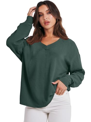 ANRABESS Oversized Long Sleeve Shirts for Women Off the Shoulder Sweatshirt Loose V Neck Tunic Tops High Low Sweater 2024 Large Dark Green