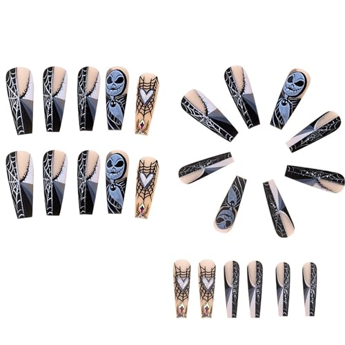 Halloween Press on Nails Long Coffin Fake Nails Full Cover Nightmare Christmas Nails Spider Web False Nails with Designs Rhinestones Matte Glue on Nails Artificial Nails for Women Girls 24Pcs
