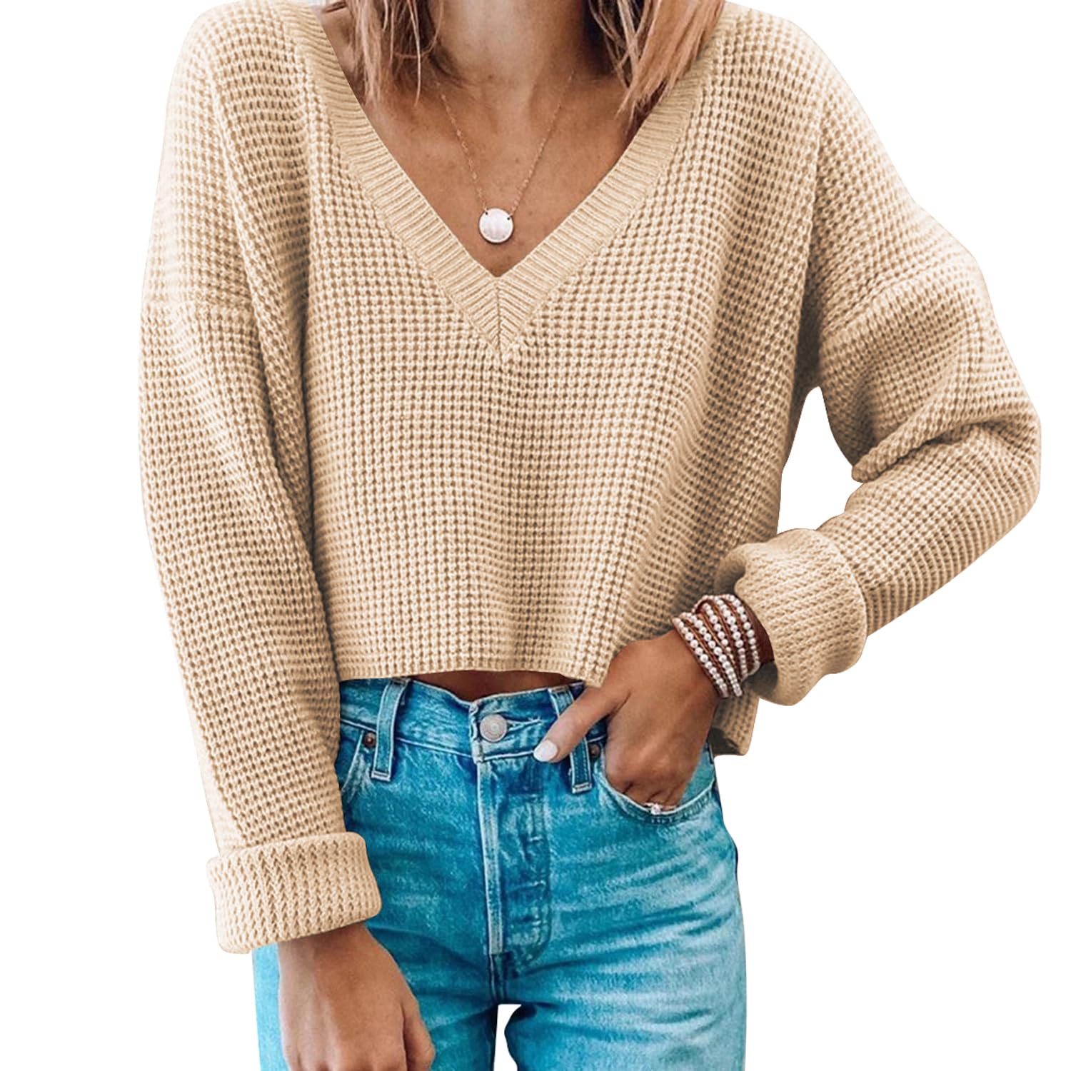 Women's Cropoed Sweaters V Neck Long Sleeve Waffle Knit Tops Casual Solid Crop Pullover Sweaters Beige XS