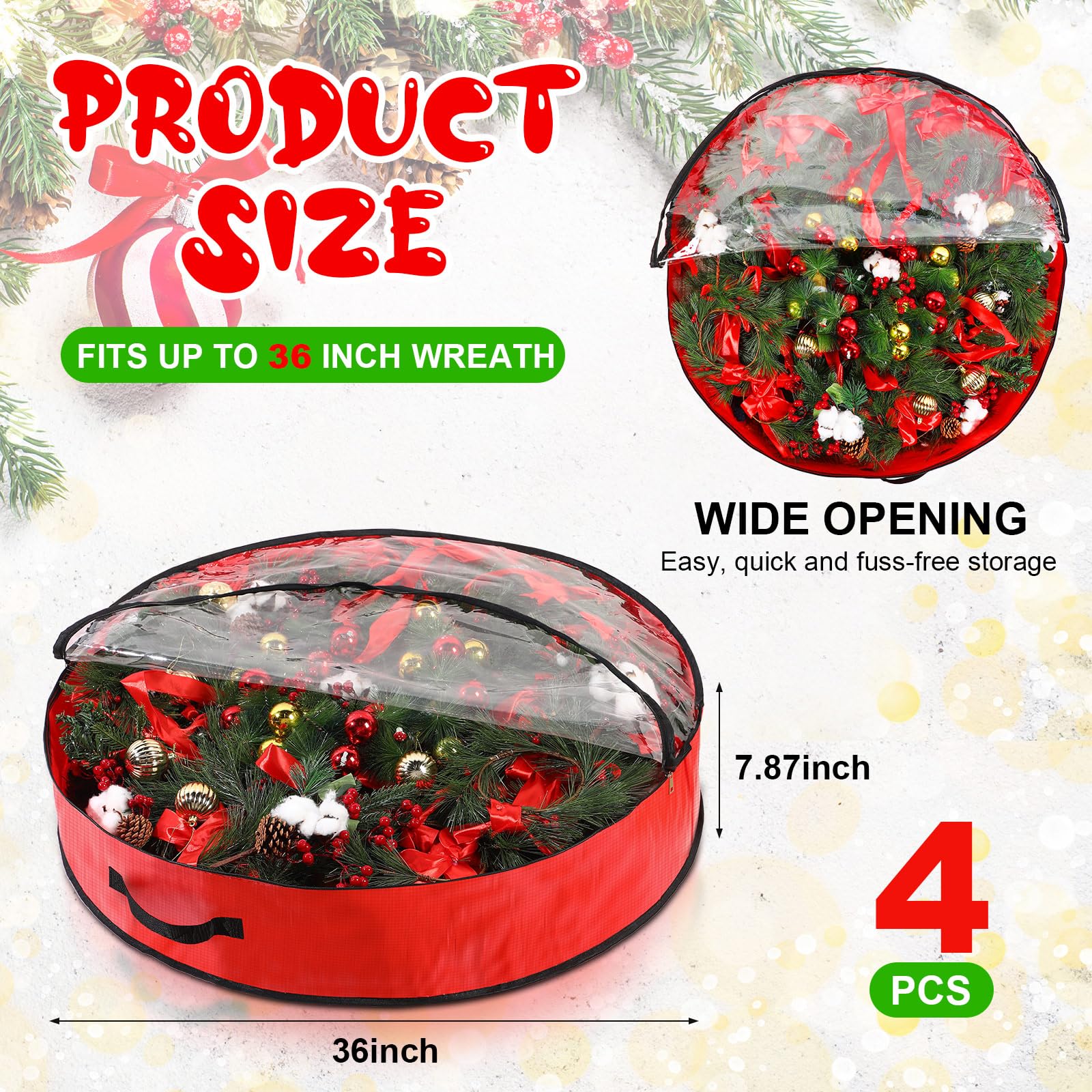 Aliceset 4 Pack Wreath Storage Containers, Christmas Garland Storage Bags with Window and Handles, Durable Christmas Decoration Box Holder for Holiday Xmas(36 x 36 x 7.8 Inch,Red)