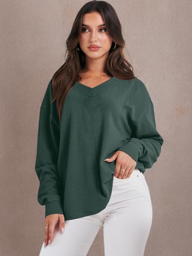 ANRABESS Oversized Long Sleeve Shirts for Women Off the Shoulder Sweatshirt Loose V Neck Tunic Tops High Low Sweater 2024 Large Dark Green