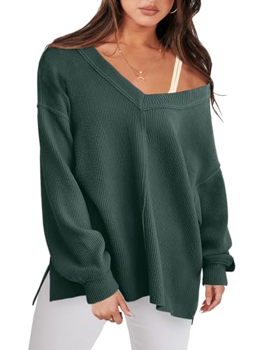 ANRABESS Oversized Long Sleeve Shirts for Women Off the Shoulder Sweatshirt Loose V Neck Tunic Tops High Low Sweater 2024 Large Dark Green