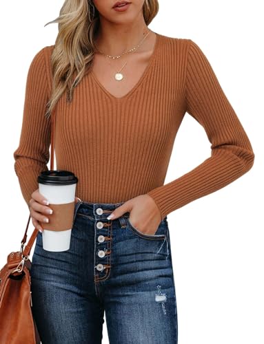 ONLYSHE Women's Long Sleeve Knit Shirts Fall V Neck Pullover Basic Tops Slim Fitted Ribbed Sweaters Fashion Clothes,Caramel L