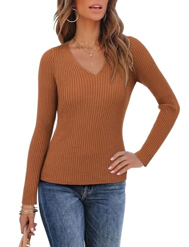 ONLYSHE Women's Long Sleeve Knit Shirts Fall V Neck Pullover Basic Tops Slim Fitted Ribbed Sweaters Fashion Clothes,Caramel L