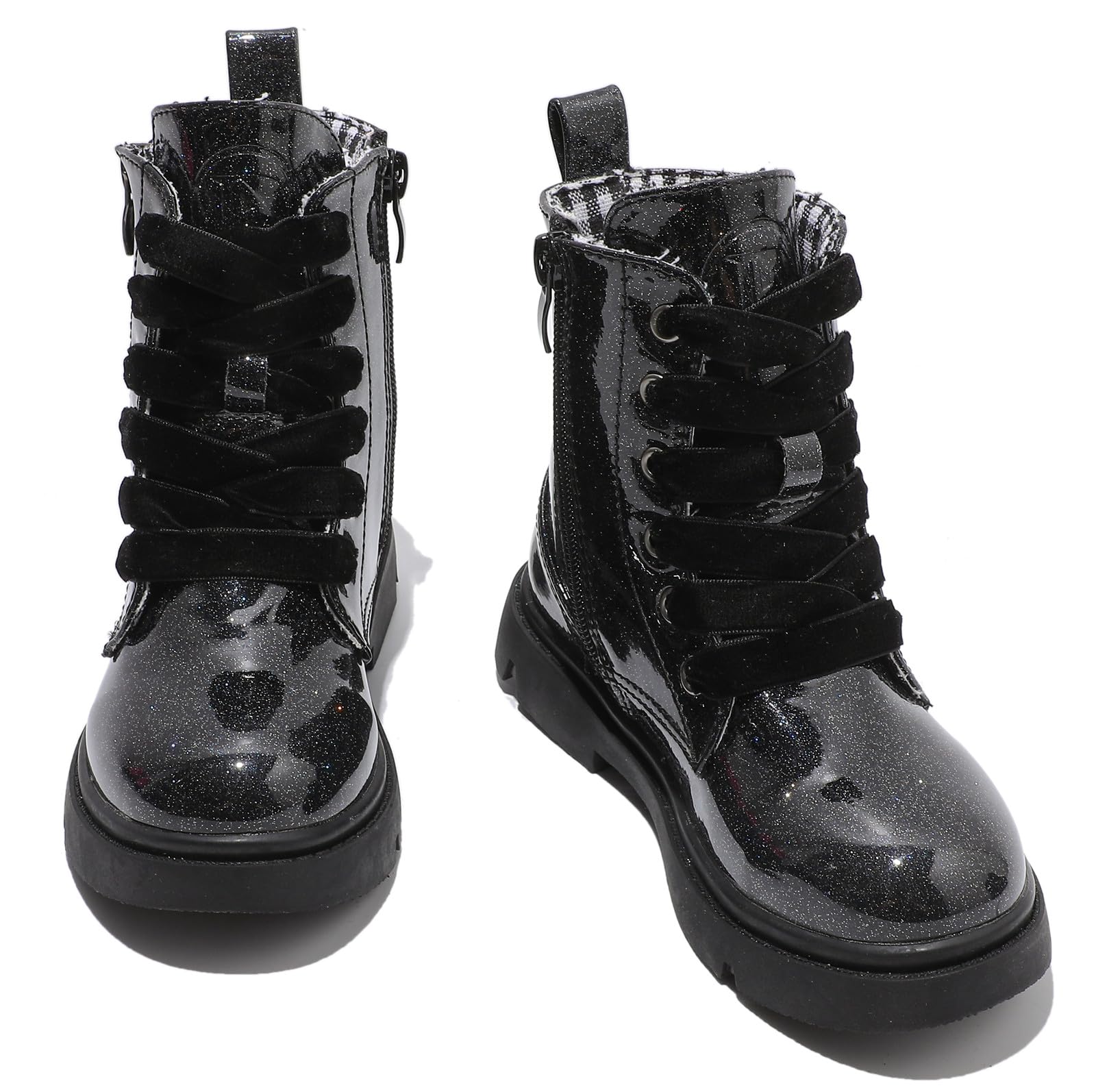 DADAWEN Boys Girls Glitter Ankle Boots Lace Up Waterproof Combat Shoes With Side Zipper for Toddler/Little Kid/Big Kid Black Glitter US Size 2 M Little Kid