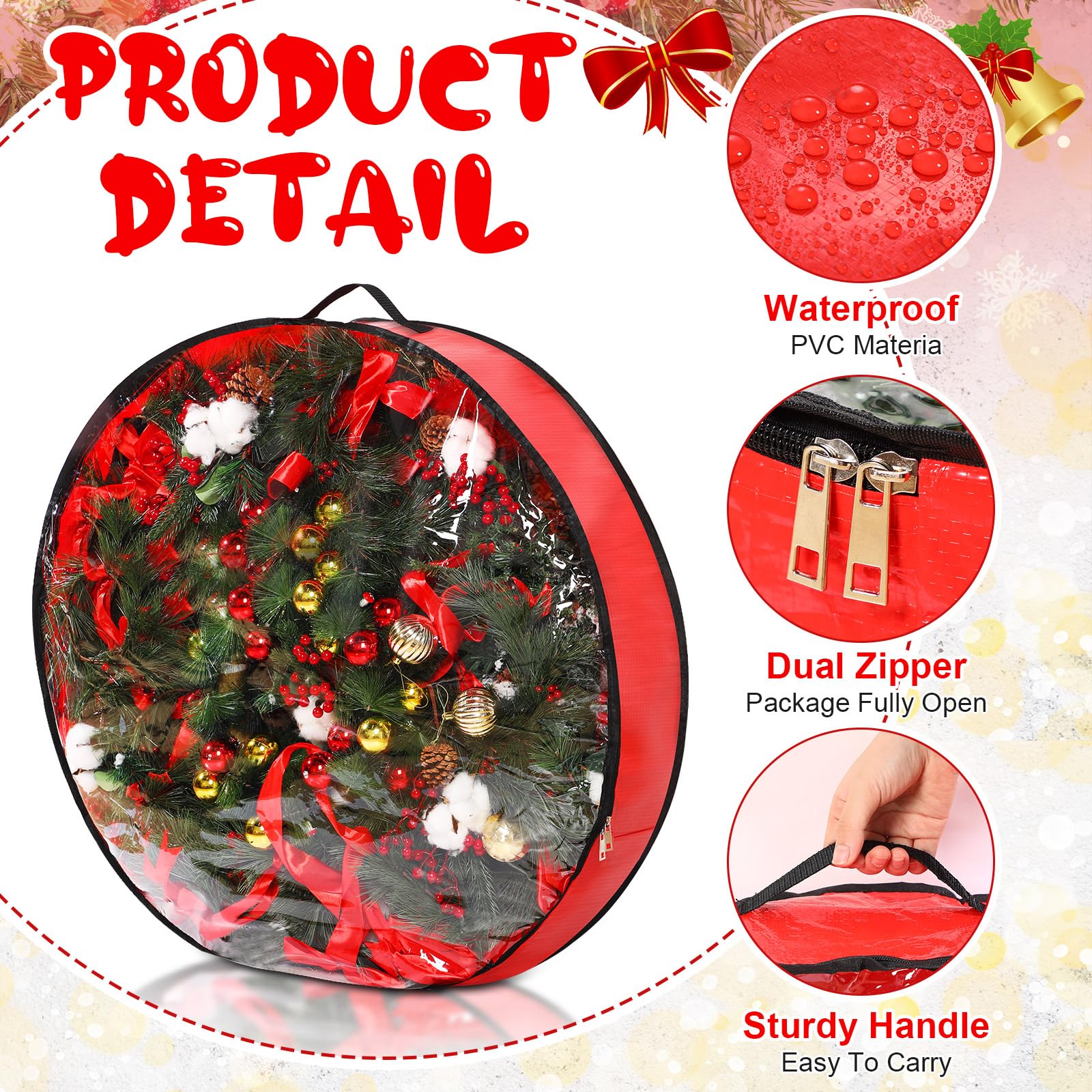 Aliceset 4 Pack Wreath Storage Containers, Christmas Garland Storage Bags with Window and Handles, Durable Christmas Decoration Box Holder for Holiday Xmas(36 x 36 x 7.8 Inch,Red)