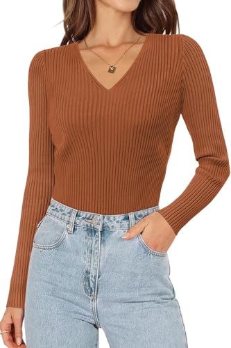 ONLYSHE Women's Long Sleeve Knit Shirts Fall V Neck Pullover Basic Tops Slim Fitted Ribbed Sweaters Fashion Clothes,Caramel L