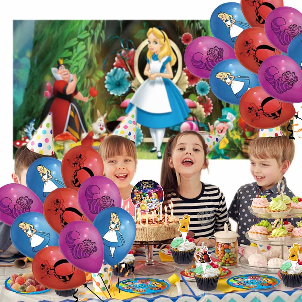 Alice in Wonderland Birthday Party Supplies Decorations Cake Topper Balloons Favors Backdrop Banner Decor