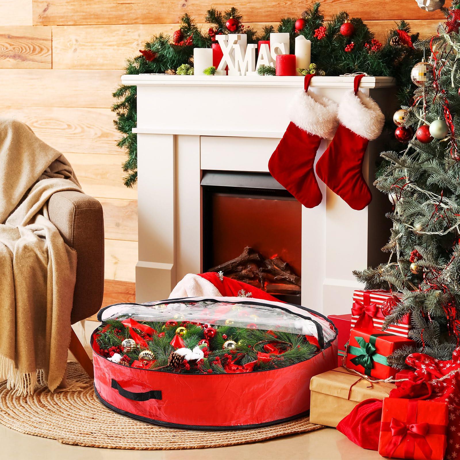 Aliceset 4 Pack Wreath Storage Containers, Christmas Garland Storage Bags with Window and Handles, Durable Christmas Decoration Box Holder for Holiday Xmas(36 x 36 x 7.8 Inch,Red)