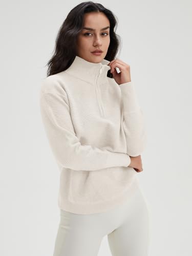 DEEP SELF Women's Pullover Sweaters 1/4 Zip Long Sleeve V Neck Stand Collared Casual Fall Sweater (Solid White, Small)