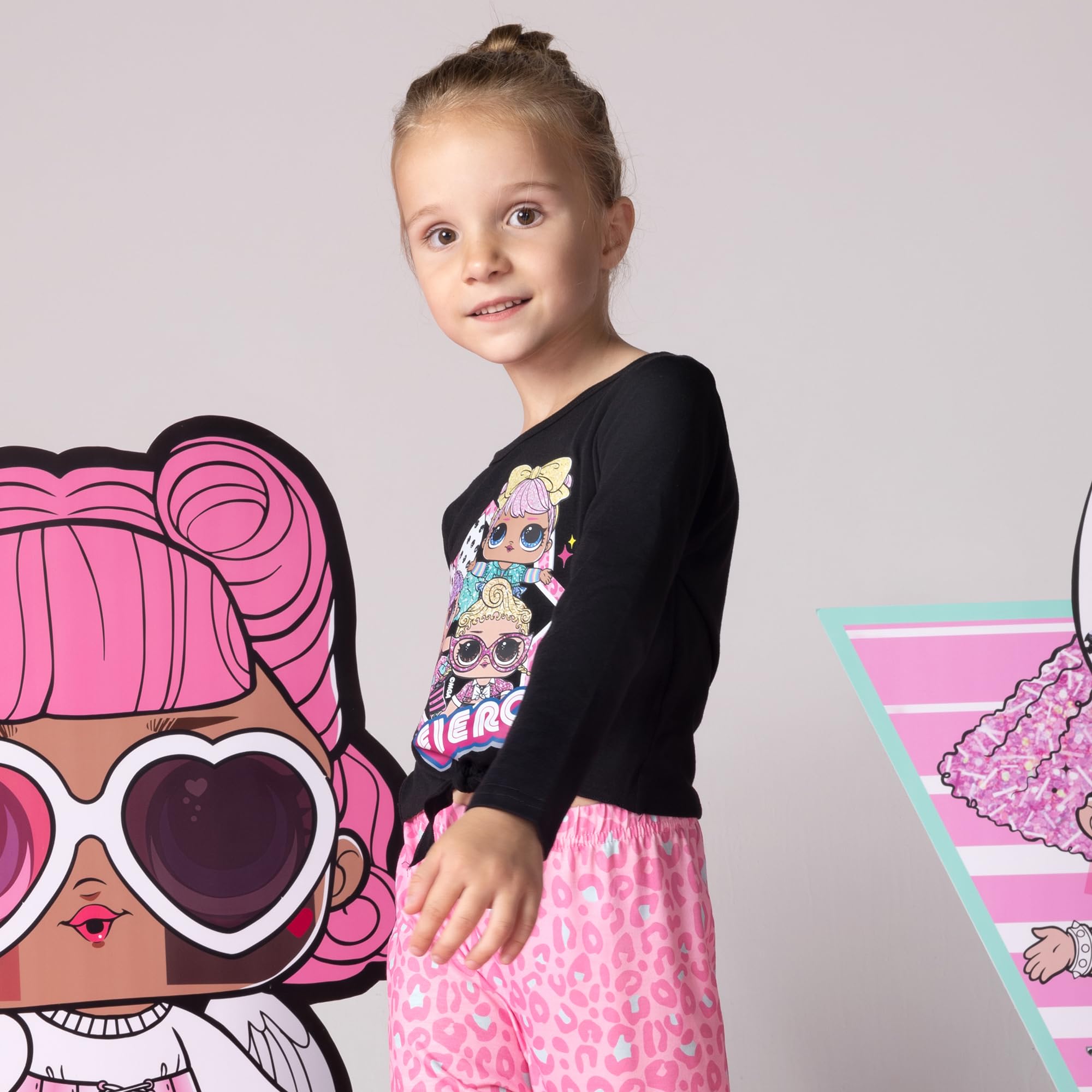 L.O.L. Surprise! Girls 2 Piece Outfits Tie Knot Long Sleeve Tee Top and Heart Pink Bell Bottom Flared Pants Set Black 8-9 Years