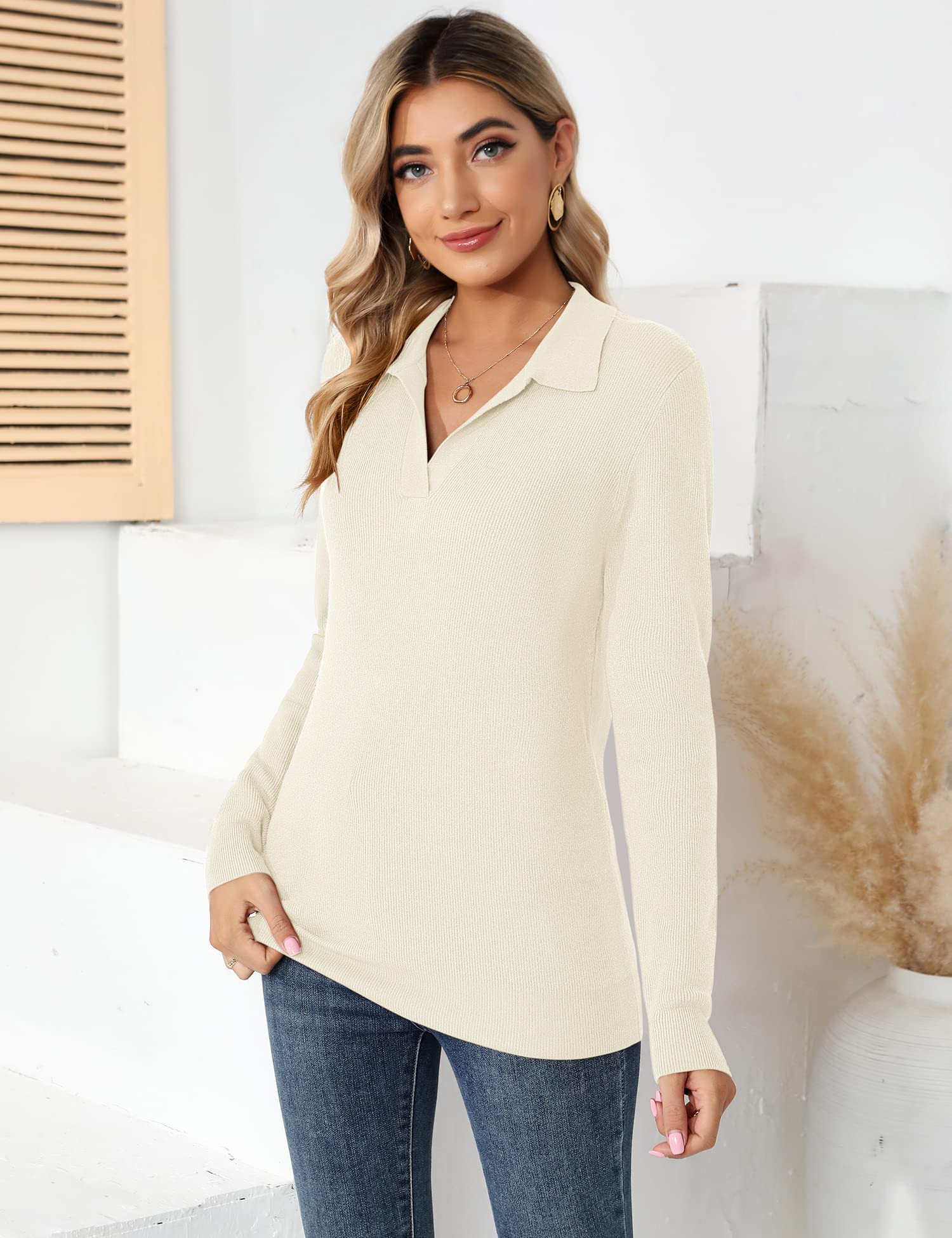 Romanstii Women's Knitted Polo Sweaters Long Sleeve V Neck Collared Shirts Winter Pullover Tops,Beige,L