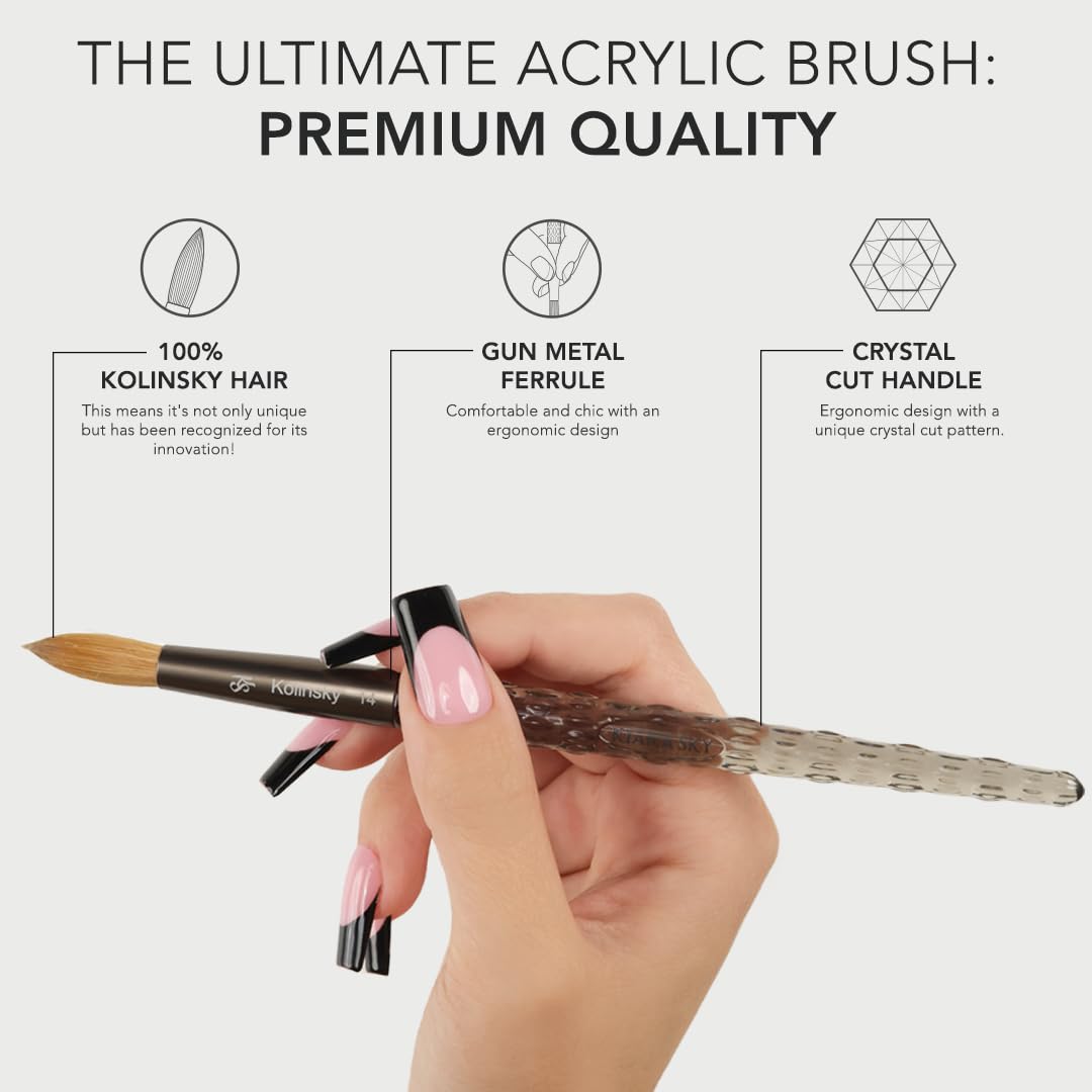 KIARA SKY Black Crystal Acrylic Nail Brush - Professional Nail Tool - Nail Kolinsky Brush - 100% Kolinsky Hand Crafted Nail Tools - Long Lasting Nail Acrylic Brush, #16
