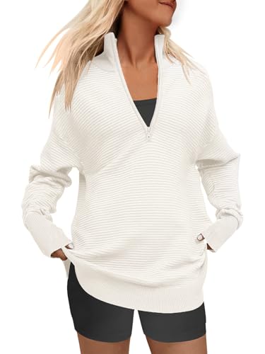 DEEP SELF Women's Pullover Sweaters 1/4 Zip Long Sleeve V Neck Stand Collared Casual Fall Sweater (Solid White, Small)