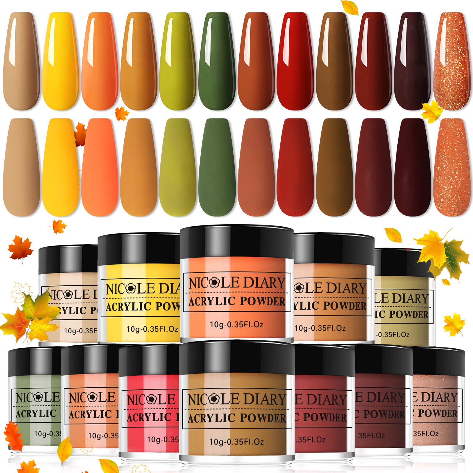 Acrylic Nail Powder Set - Nicole Diary 12 Colors Fall and Winter Acrilicos de uñas Polvo for French Manicure, DIY Nail Art, No UV Light Needed