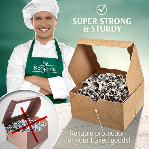 BORGANIC Cookie Boxes For Packaging - The Strongest 6x6x3 Cookie Boxes With Window [50 Pack] - Oil Resistant Cookie Boxes - Premium Bakery Boxes With Window - Cookie Boxes For Gift Giving