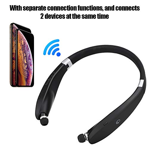 Neckband Headphones, Wireless Neckband Headset with Retractable Earbuds, Sports Sweat Proof Noise Cancelling Foldable Stereo Earphones Bluetooth Headphones with Mic(Black)