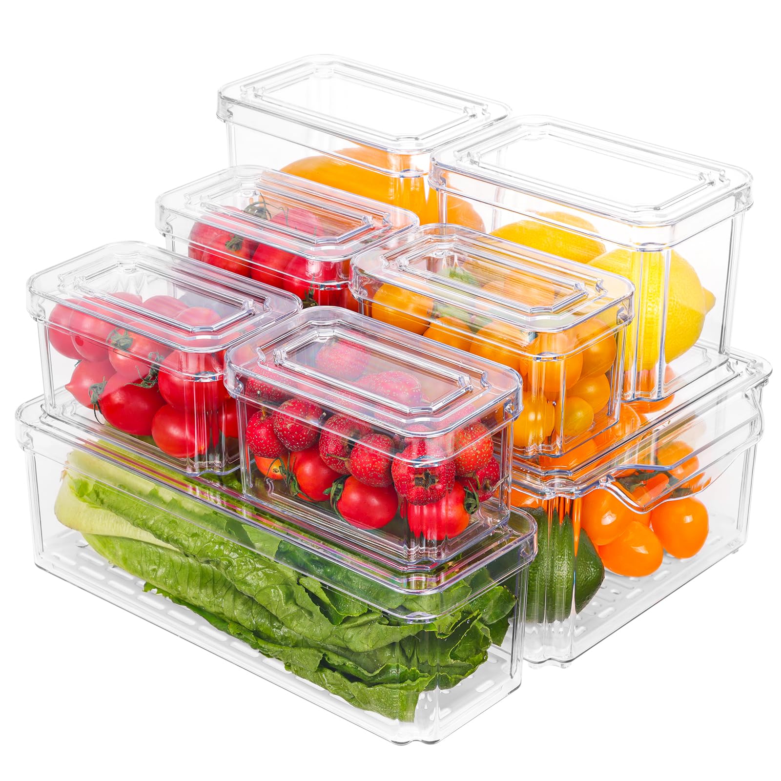Moretoes 12 Pack Fridge Organizer with Lids, Clear Stackable Refrigerator Organizer Bins with 6 liners, BPA-Free Produce Fruit Storage Containers and Plastic Pantry Organization for Food, Vegetable