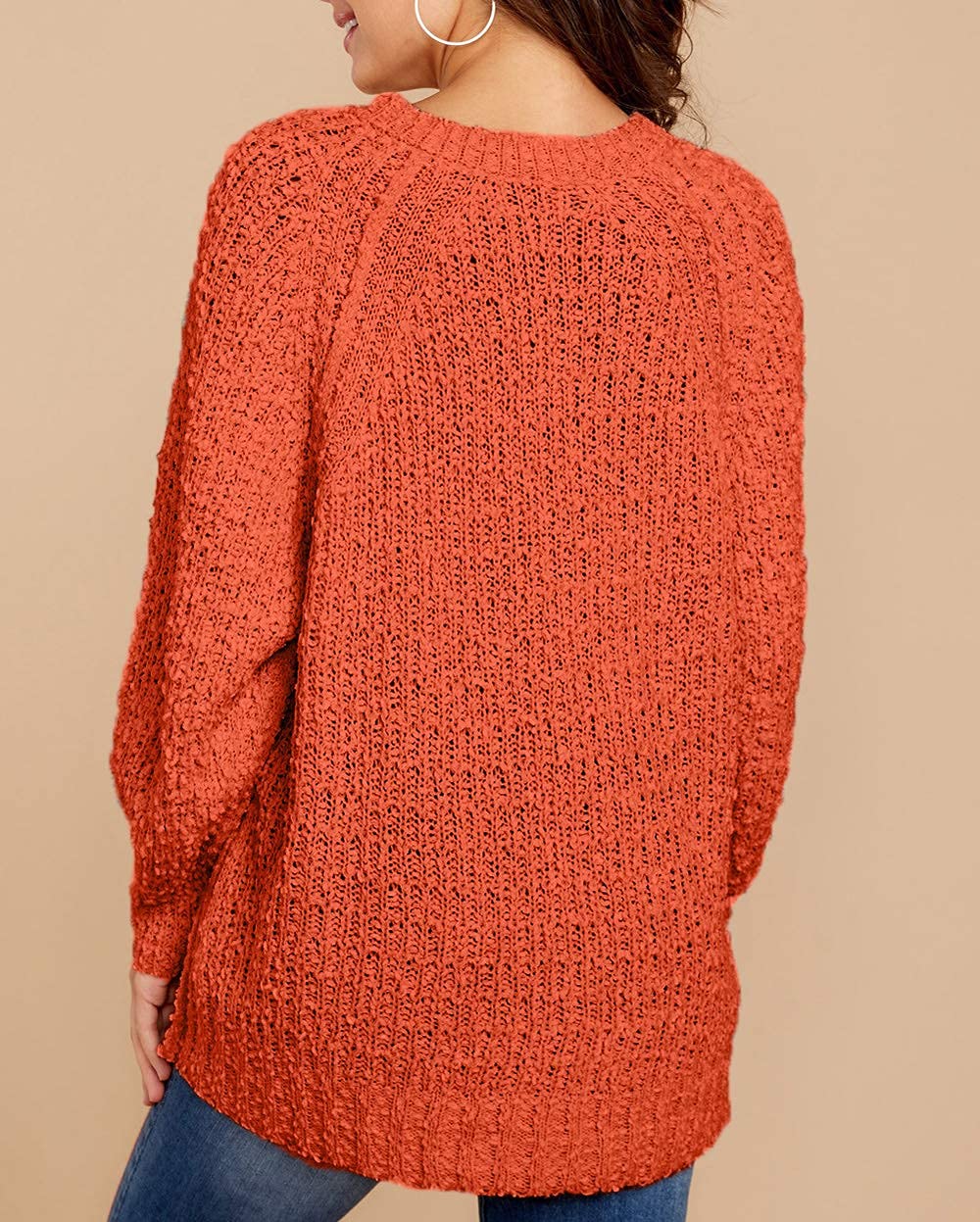 KIRUNDO Women's 2024 Fall Winter Oversized Fuzzy Popcorn Sweaters Trendy V Neck Long Sleeve Cozy Pullover Tunic Tops(Medium, Orange)
