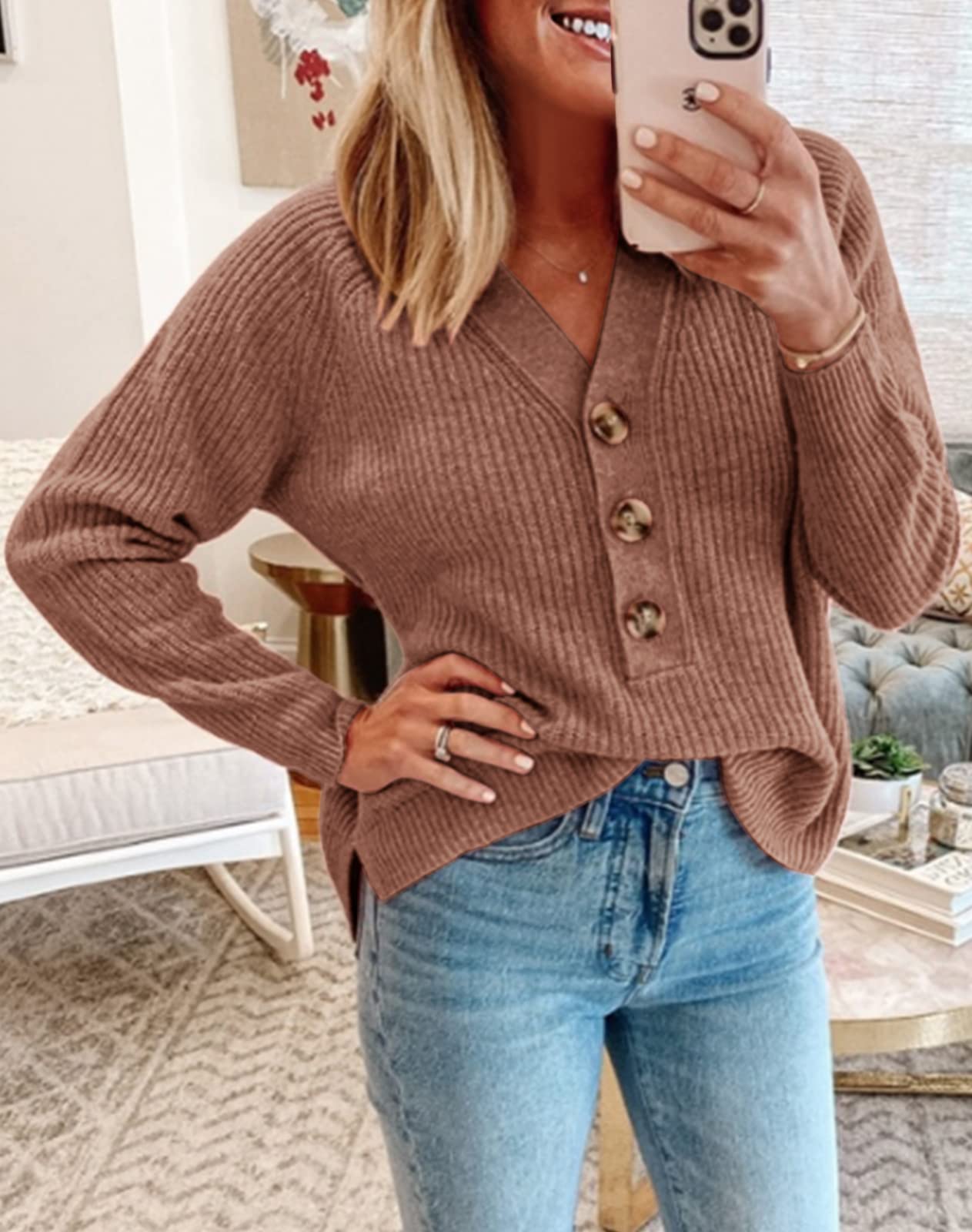 Womens Sweaters Long Sleeve V Neck Button Down Ribbed Knit Sweater Casual Relaxed Fit Pullover Jumper Tops Brown