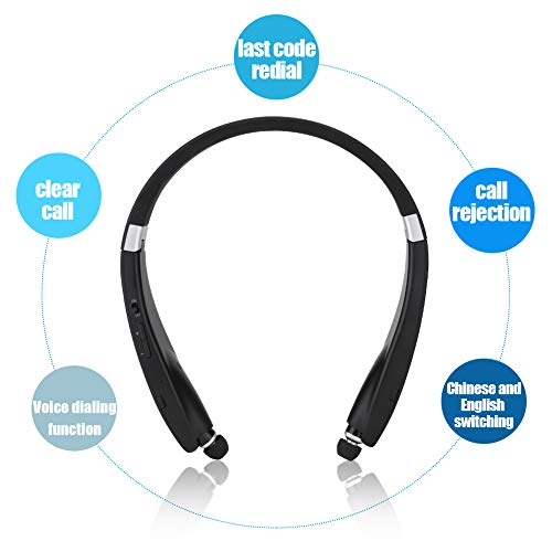 Neckband Headphones, Wireless Neckband Headset with Retractable Earbuds, Sports Sweat Proof Noise Cancelling Foldable Stereo Earphones Bluetooth Headphones with Mic(Black)