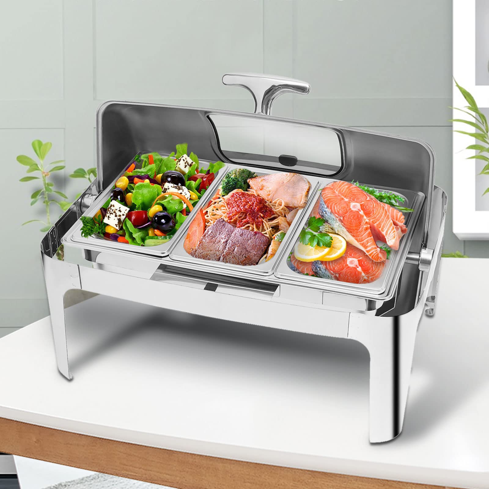 Chafing Dish Buffet Server, Food Warmers Roll Top Chaffing Server with 3 Pans Food Warmers with Alcohol Stove Food Trays for Catering Party buffet