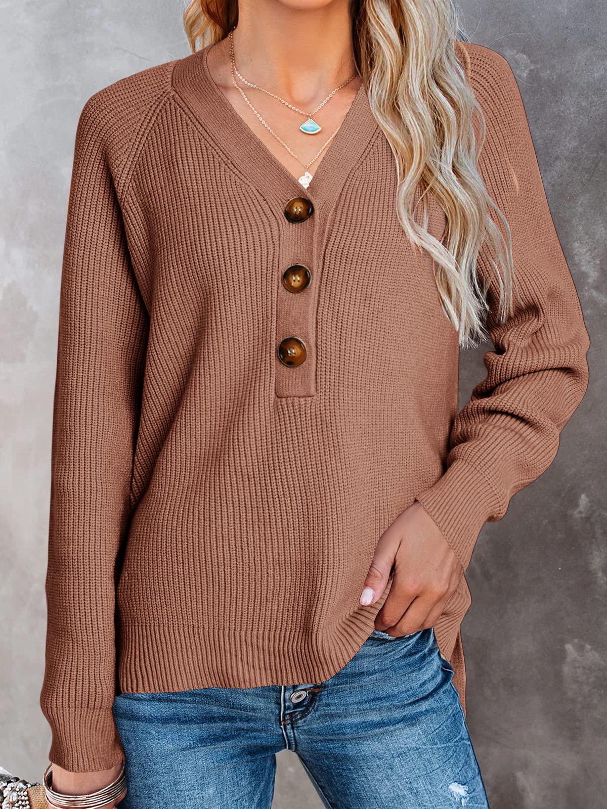 Womens Sweaters Long Sleeve V Neck Button Down Ribbed Knit Sweater Casual Relaxed Fit Pullover Jumper Tops Brown