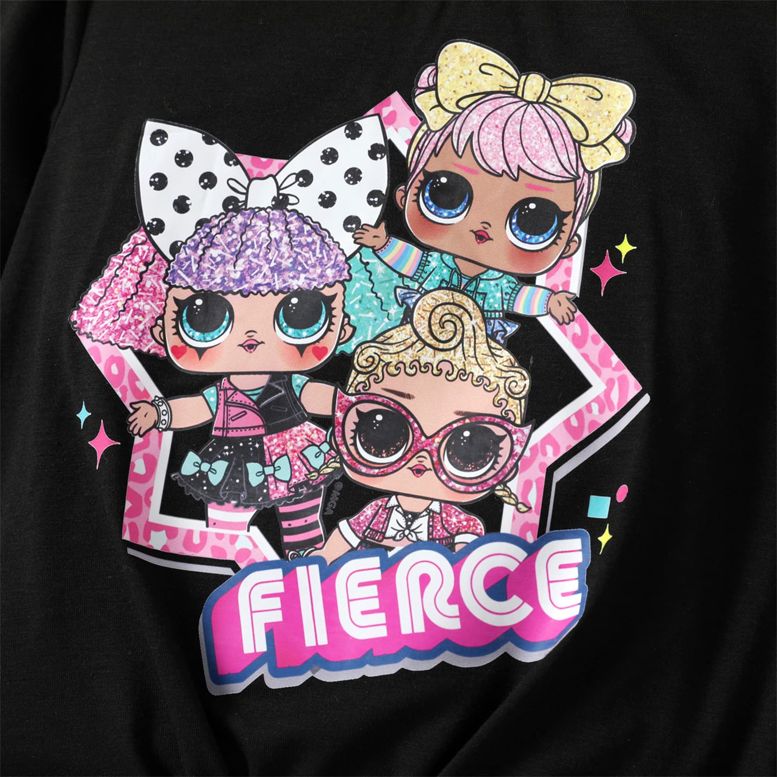 L.O.L. Surprise! Girls 2 Piece Outfits Tie Knot Long Sleeve Tee Top and Heart Pink Bell Bottom Flared Pants Set Black 8-9 Years